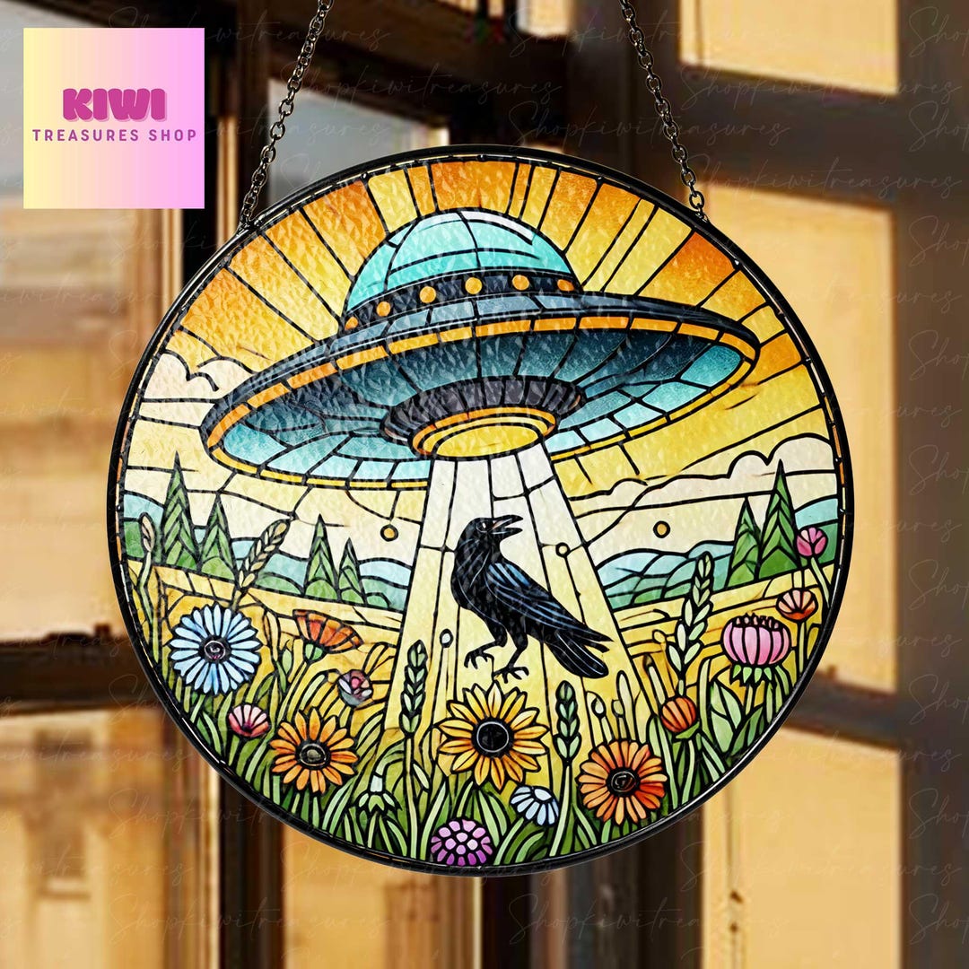 UFO Abduction Raven Wildflowers Glass Hanigng, Dark Academia, Window ...