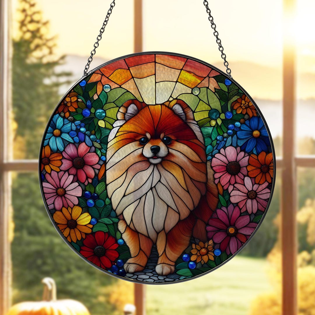 Pomeranian Dog With Flower STAIN GLASS, Dog Suncatcher Decor, Dog Mom ...