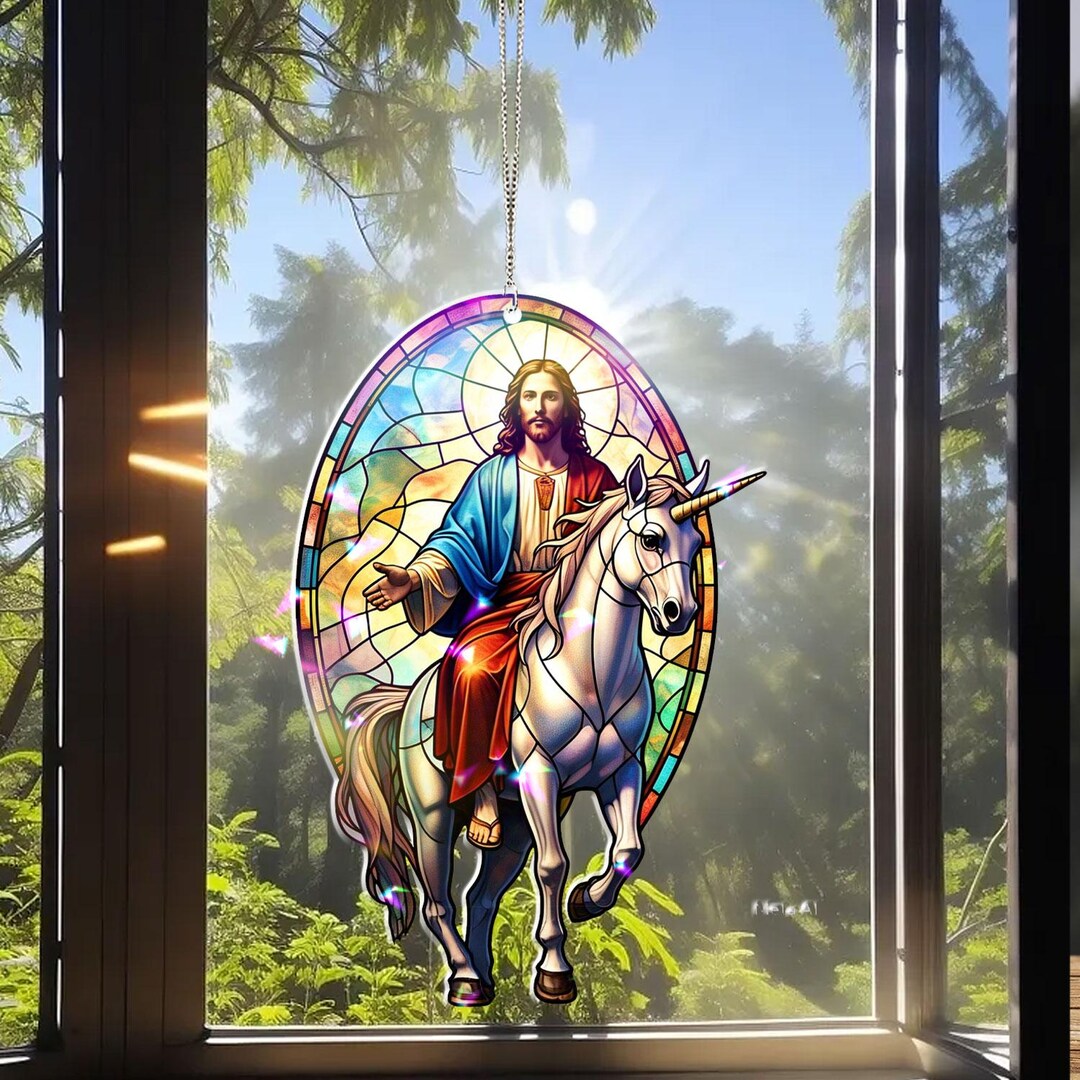 Jesus Christ Riding Unicorn Glitter Holographic ACRYLIC Window Hanging ...