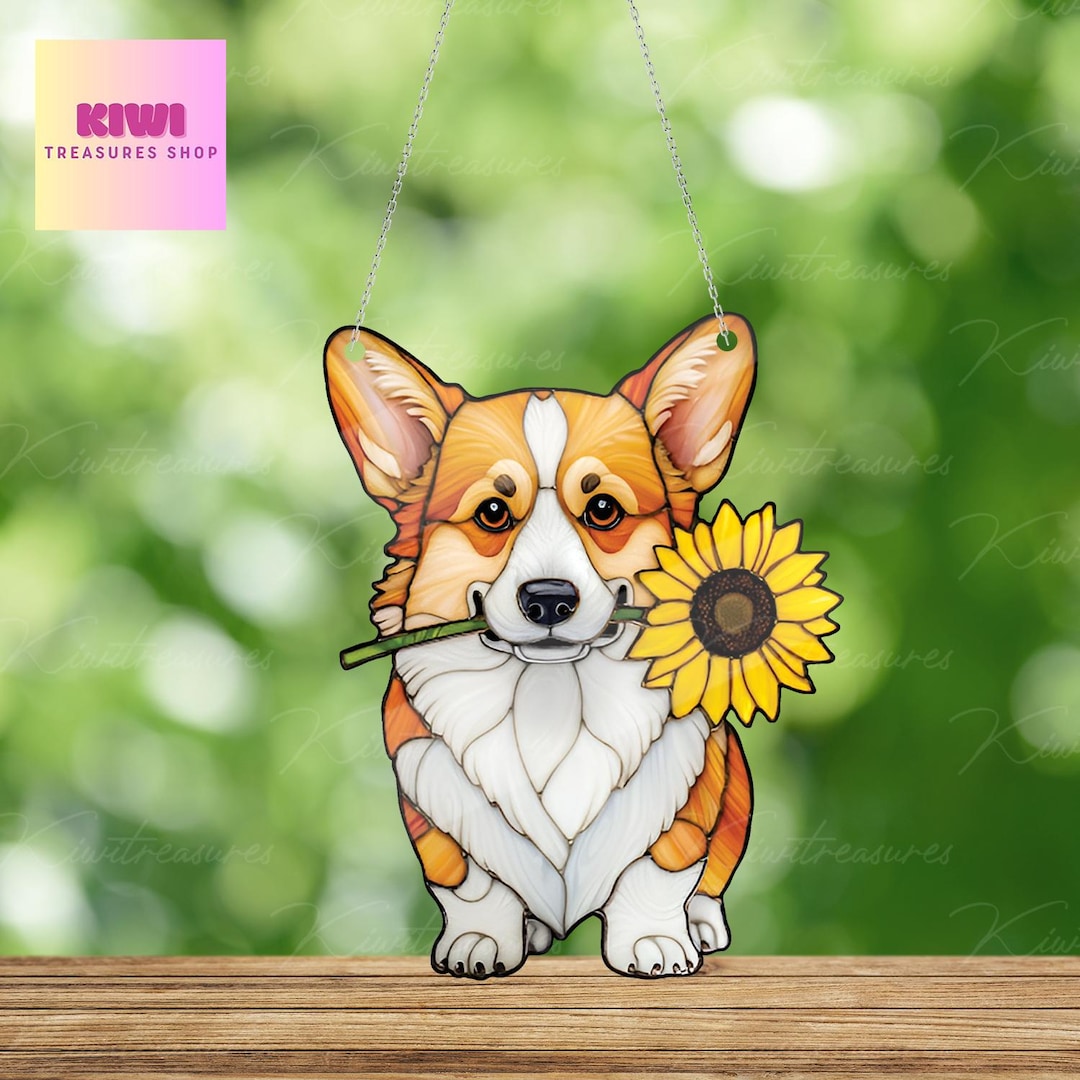 Corgi With Sunflower Acrylic Window Hanging: Dog Lover Gift - Etsy
