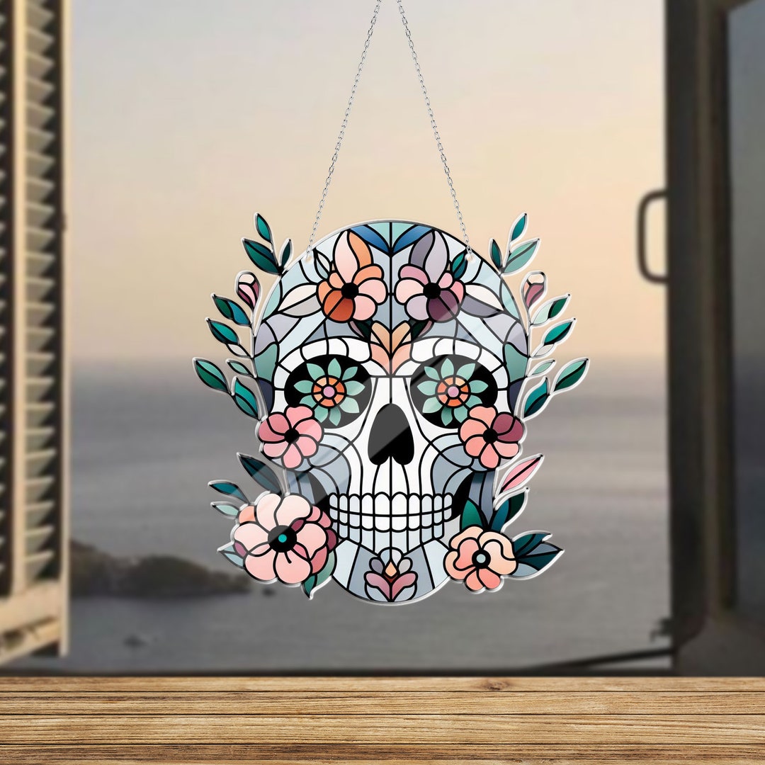 Floral Skeleton ACRYLIC Window Hanging, Skeleton Window Hangings, Skull ...