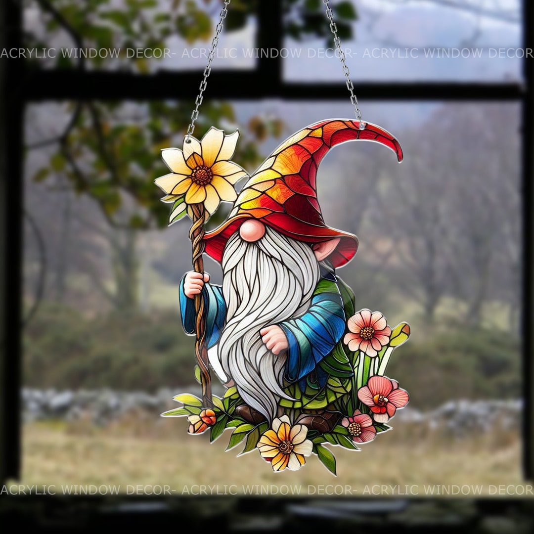 Gnome With Flowers Acrylic Window Hanging, Adorable Gnome Lover's Decor ...