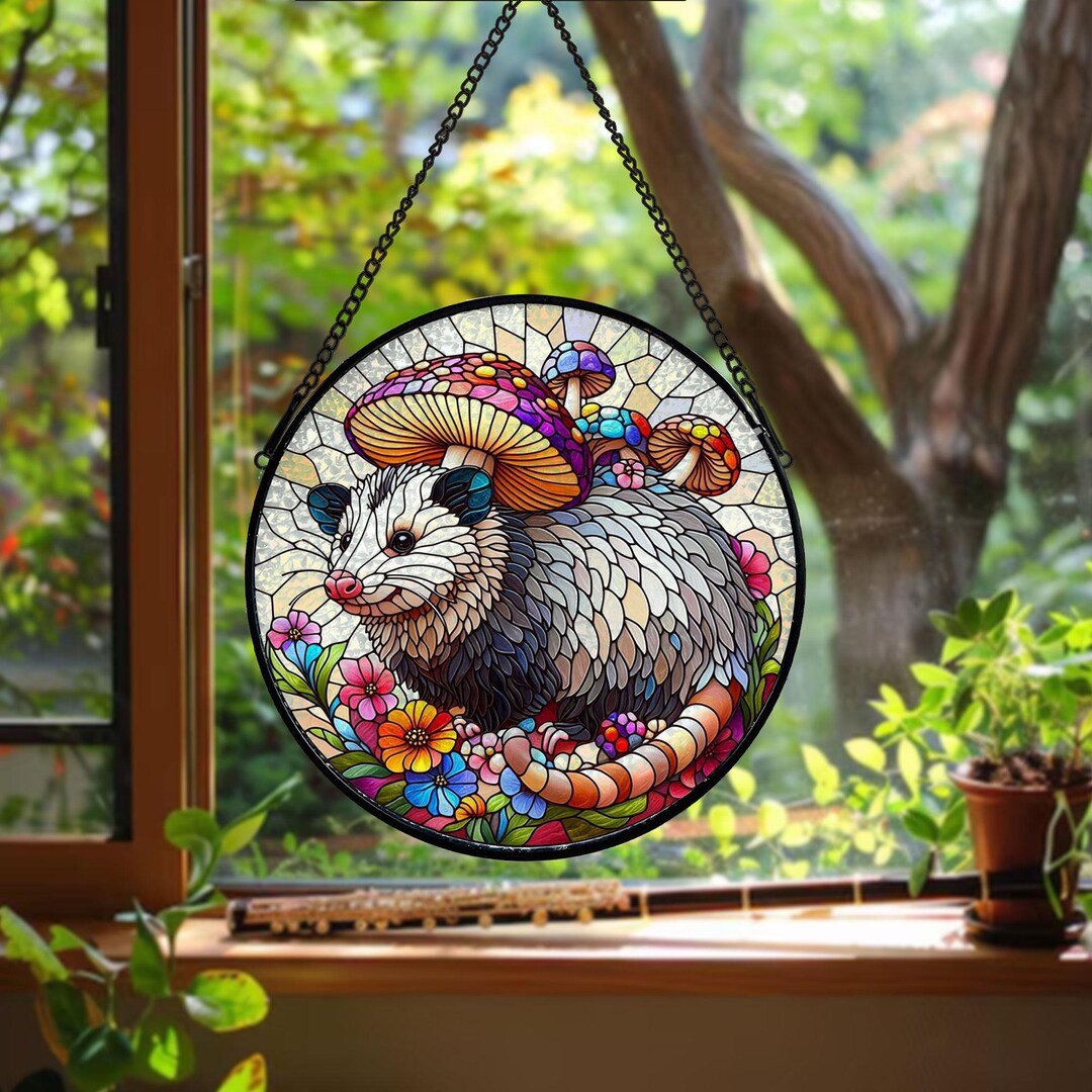 Opossum With Mushroom GLASS Suncatcher Hanging, Opossum Lovers Gift ...