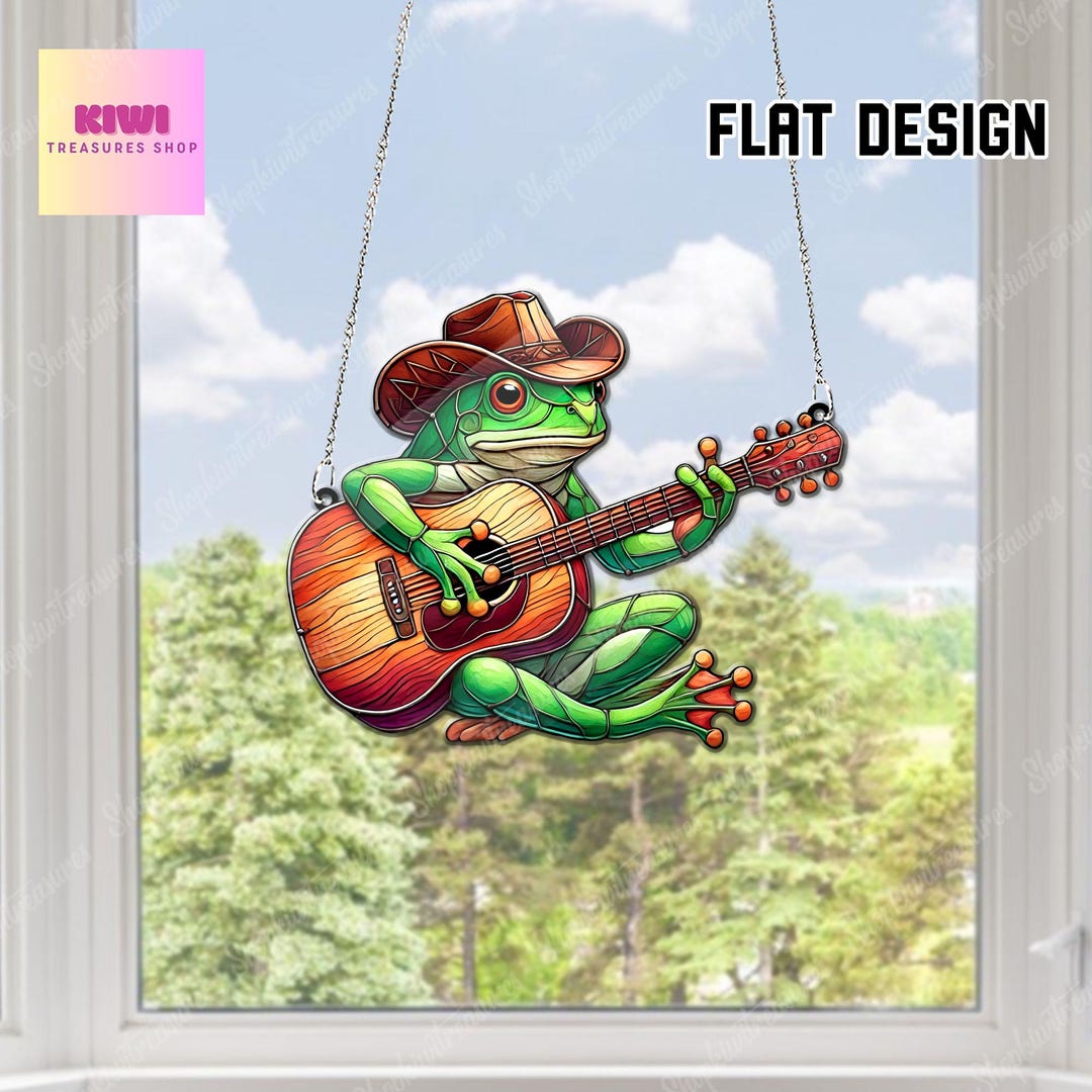 Funny Cowboy Frog Plays Guitar Acrylic Window Hanging, Western Cowboy ...