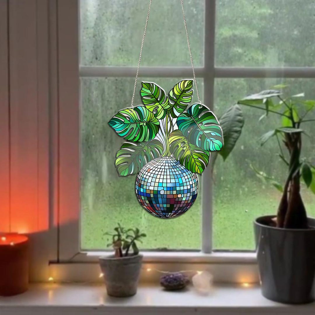 Disco Monstera Acrylic Window Hangings, Funny Planter Hanging, Plant ...