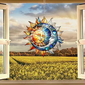 Celestial Sun Moon Acrylic Window Hanging, FAUX Stain Glass, Nature Art ...