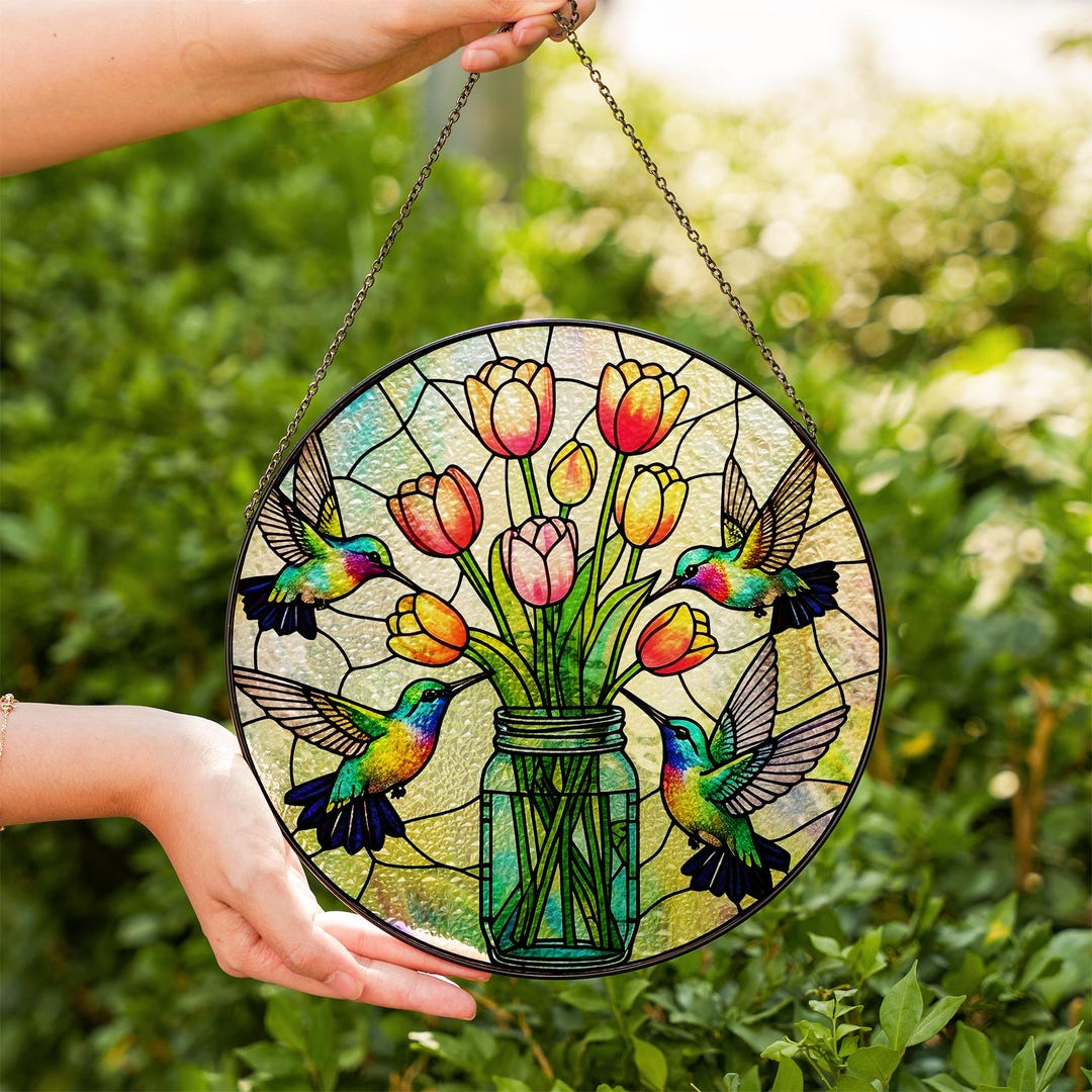 Hummingbirds and Easter Tulips Bouquet Glass Suncatcher, Easter Day ...