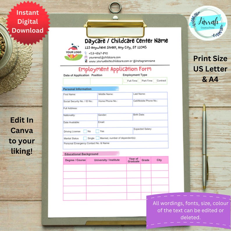 Daycare / Childcare Employment Application Form, Employment Application ...