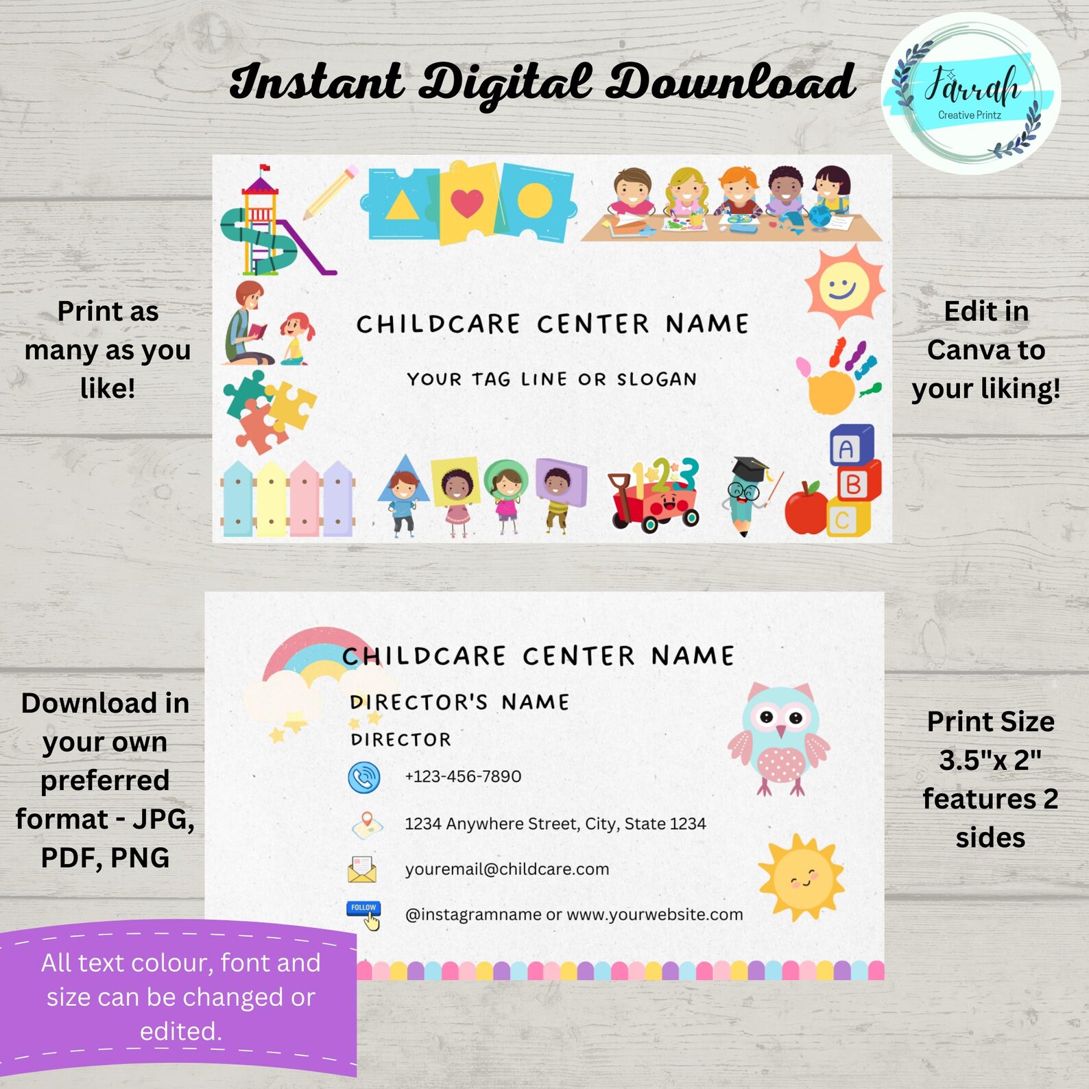 Childcare Business Card, Daycare Business Card, Editable Childcare ...