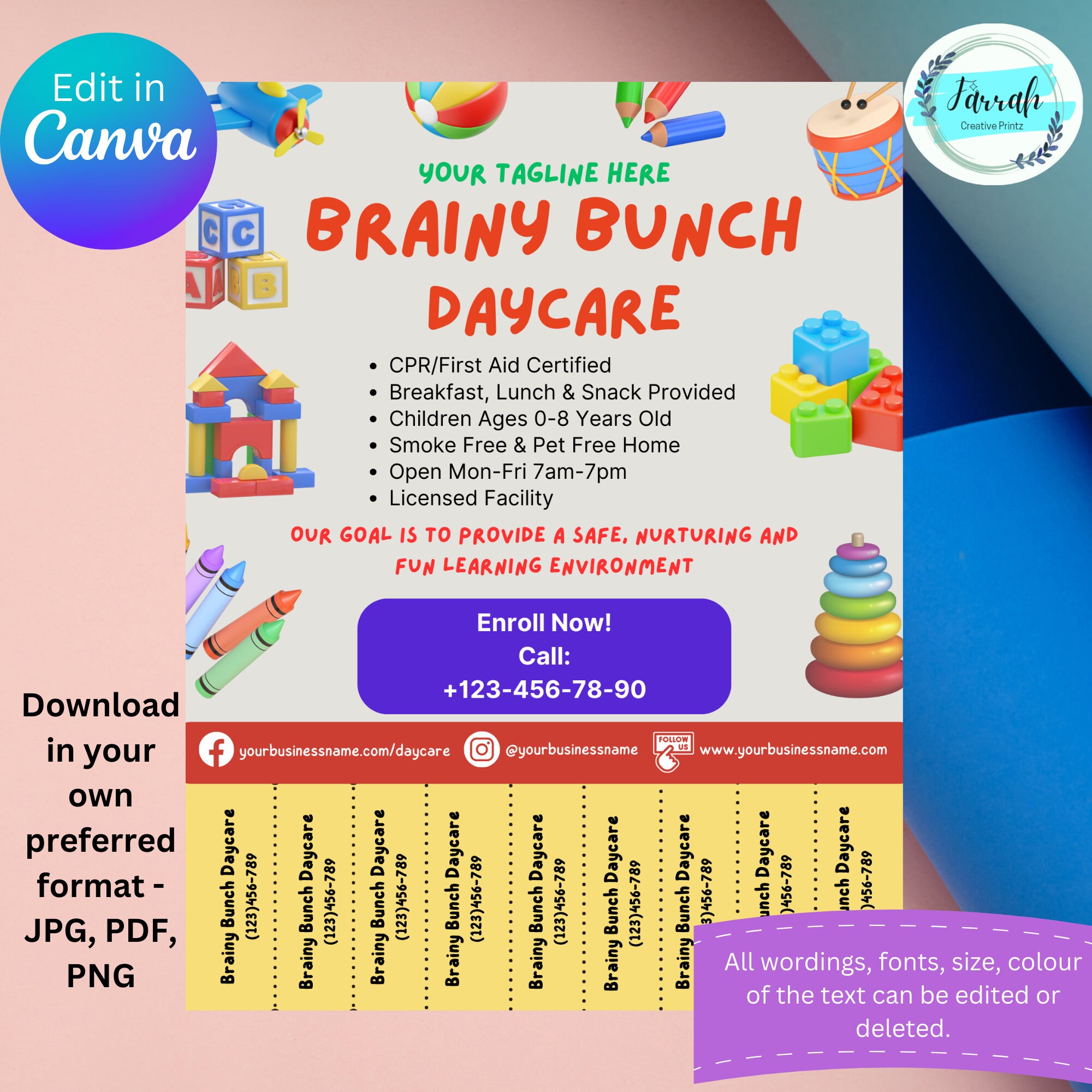 Daycare Flyer With Tear off Tabs, Tear off Daycare Flyer, Babysitting ...