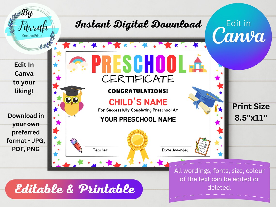 Editable Preschool Graduation Certificate, Printable Preschool ...