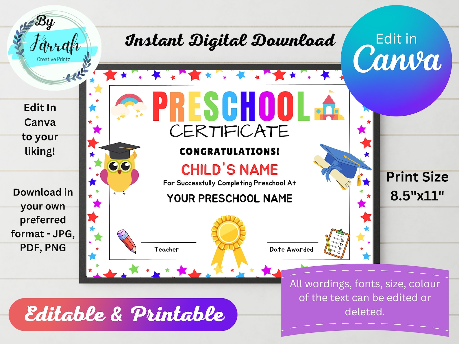 Editable Preschool Graduation Certificate, Printable Preschool ...