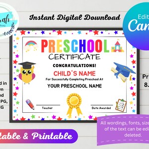 Editable Preschool Graduation Certificate, Printable Preschool ...