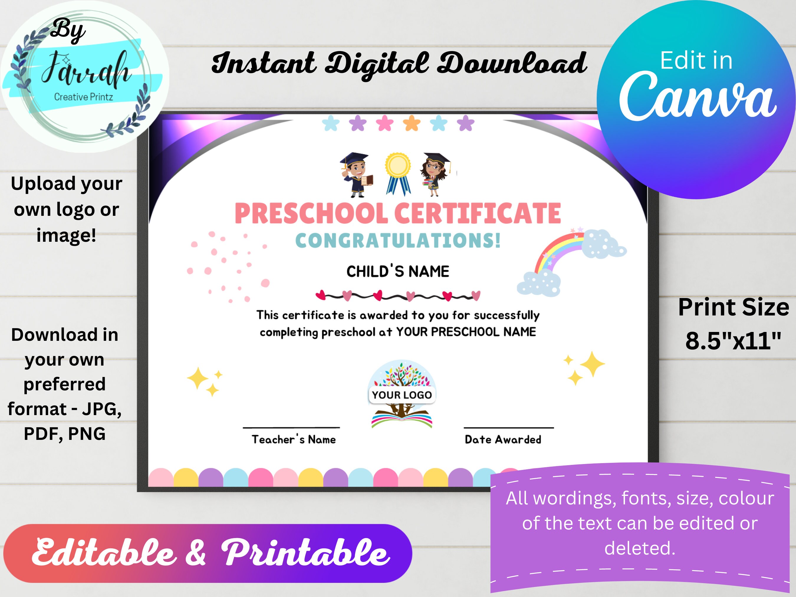 Editable Preschool Graduation Certificate, Preschool Diploma ...