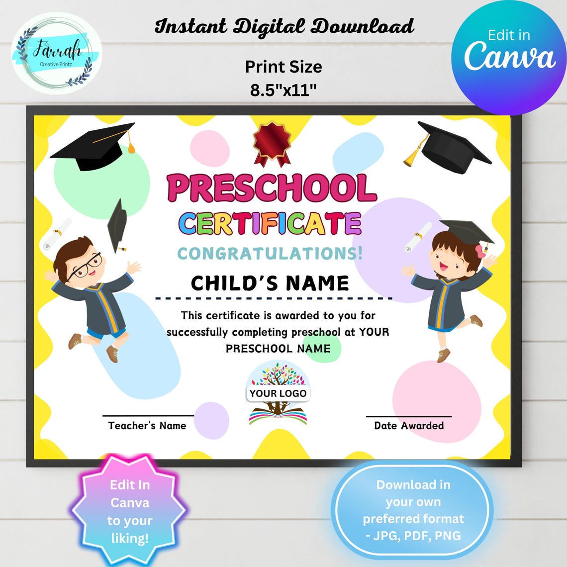 Editable Preschool Graduation Certificate, Preschool Diploma ...