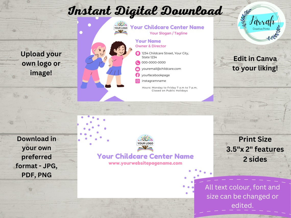 Childcare Business Card, Daycare Business Card, Editable Childcare ...