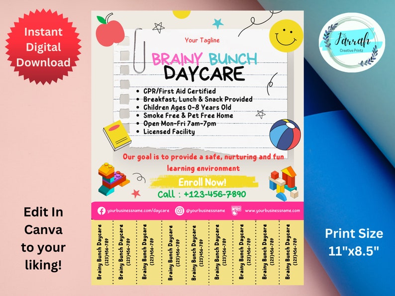 Daycare Flyer With Tear off Tabs, Tear off Daycare Flyer, Babysitting ...