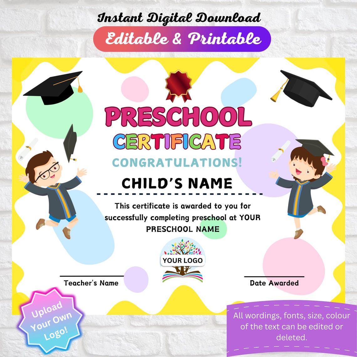 Editable Preschool Graduation Certificate, Preschool Diploma ...