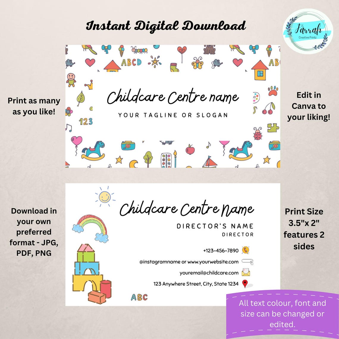 Childcare Business Card, Daycare Business Card, Editable & Printable ...