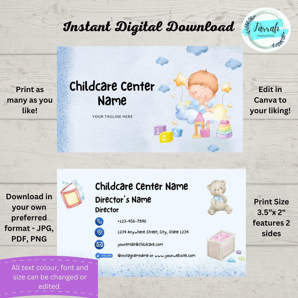 Childcare Business Card, Daycare Business Card, Editable Daycare ...