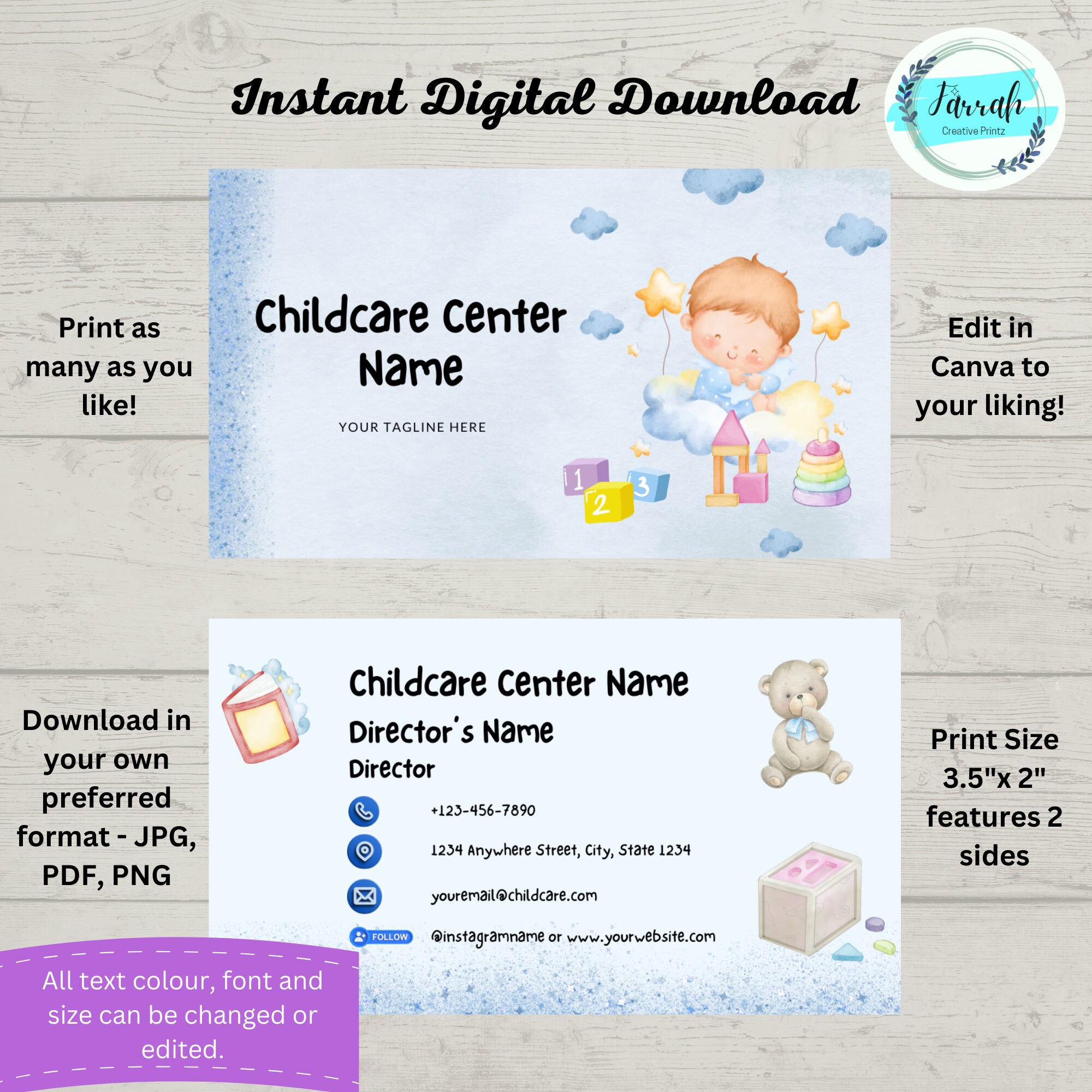Childcare Business Card, Daycare Business Card, Editable Daycare ...