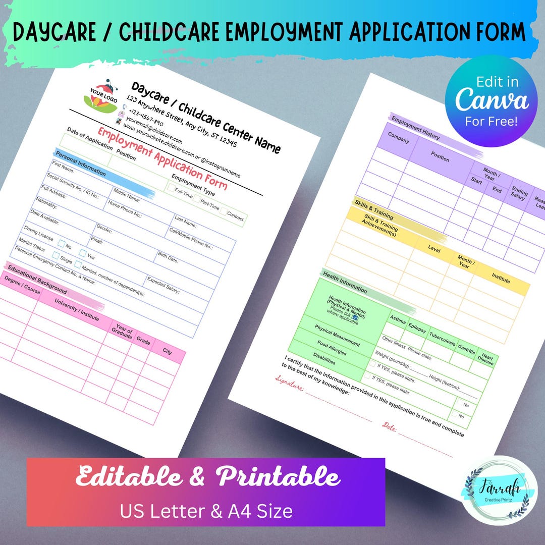 Daycare / Childcare Employment Application Form, Employment Application ...
