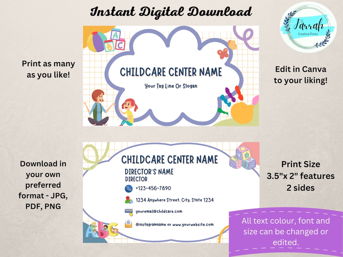Childcare Business Card, Daycare Business Card, Editable Childcare ...