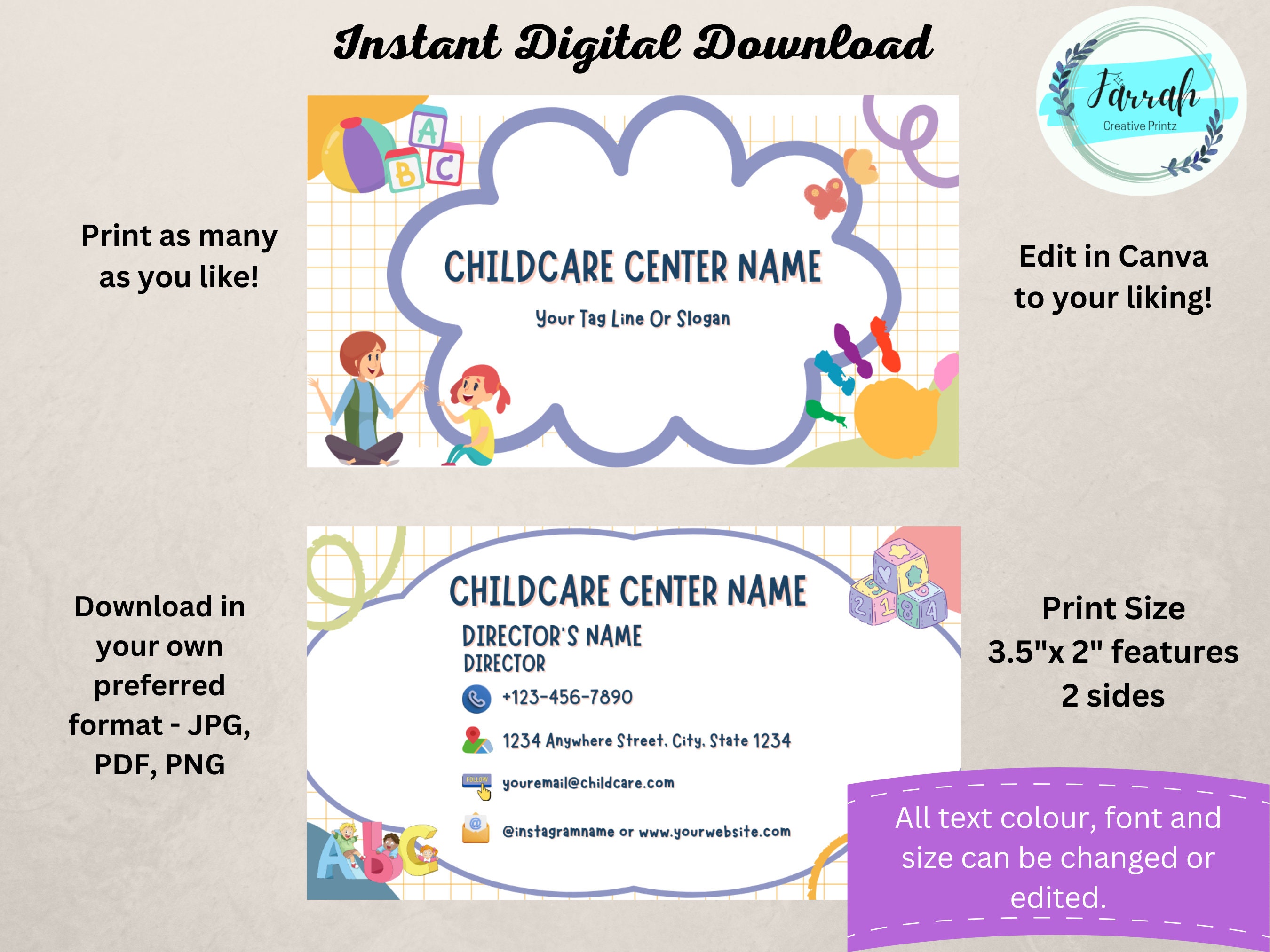 Childcare Business Card, Daycare Business Card, Editable Childcare ...