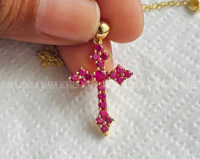Large Vintage Style Cross, Crucifix Necklace, With Ruby Blood Red ...