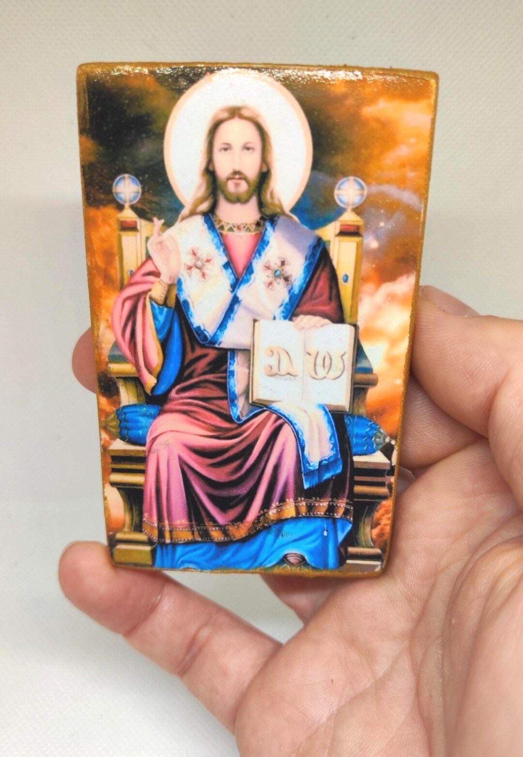Handmade Jesus Christ Pantocrator Icon: Wooden Religious Magnet (3.9x2 ...