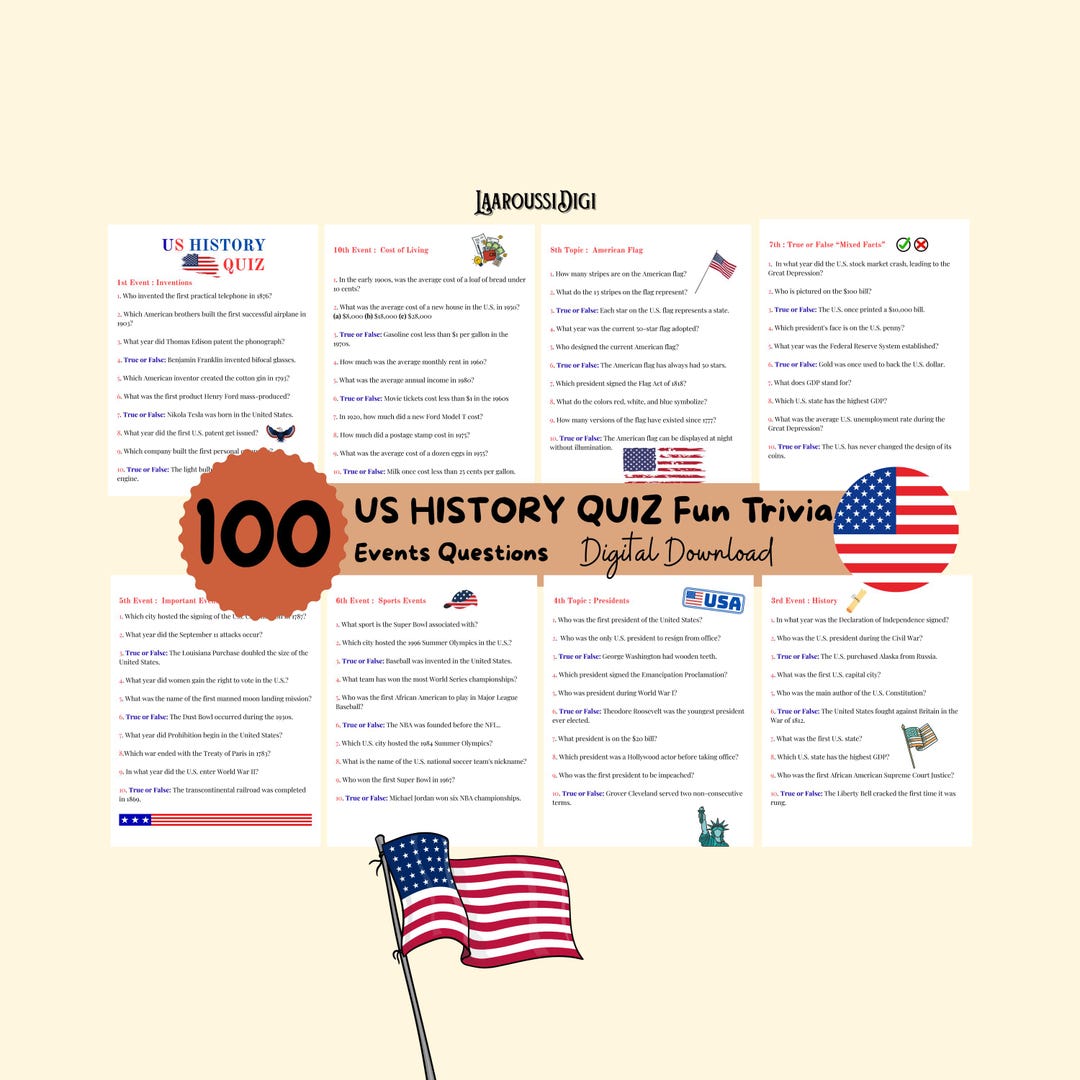 US History Trivia Game, 100 Printable Questions | American Quiz for ...