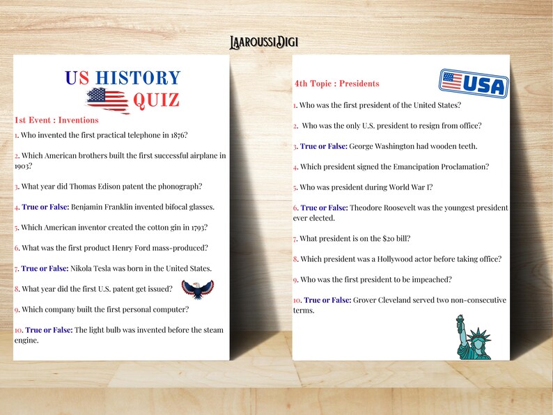 US History Trivia Game, 100 Printable Questions | American Quiz for ...