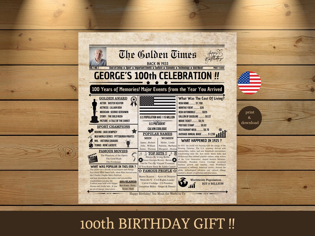 1925 US Newspaper 100th Birthday Gift: Vintage History Print (digital ...