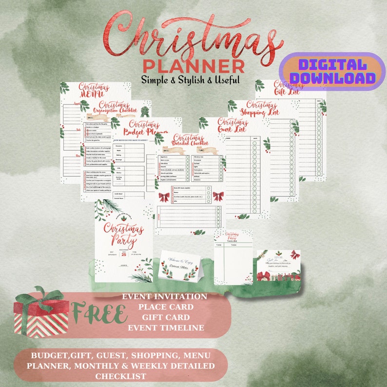 Printable Minimalist Christmas Party Planner, Menu, Gift, Budget, Guest ...