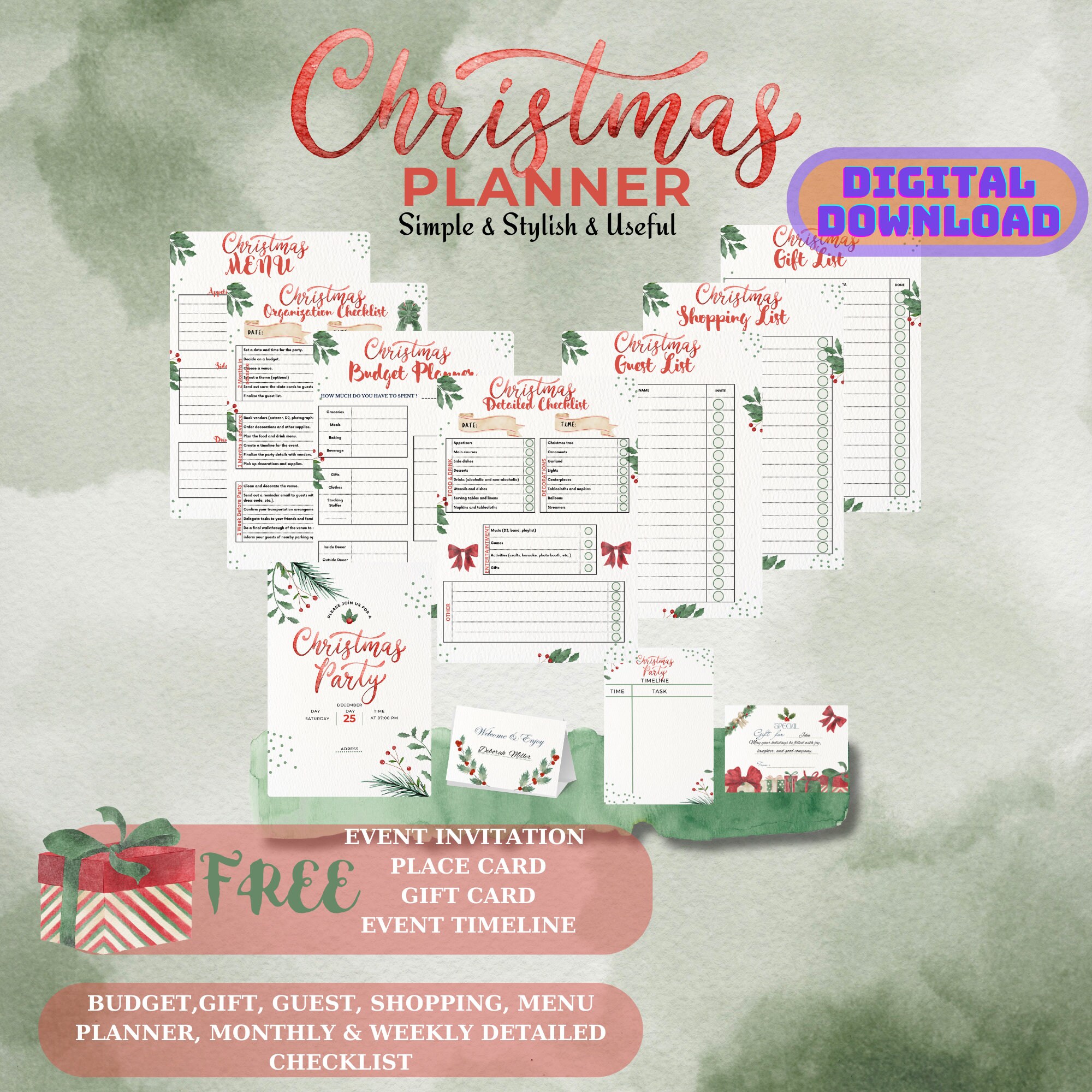 Printable Minimalist Christmas Party Planner, Menu, Gift, Budget, Guest ...