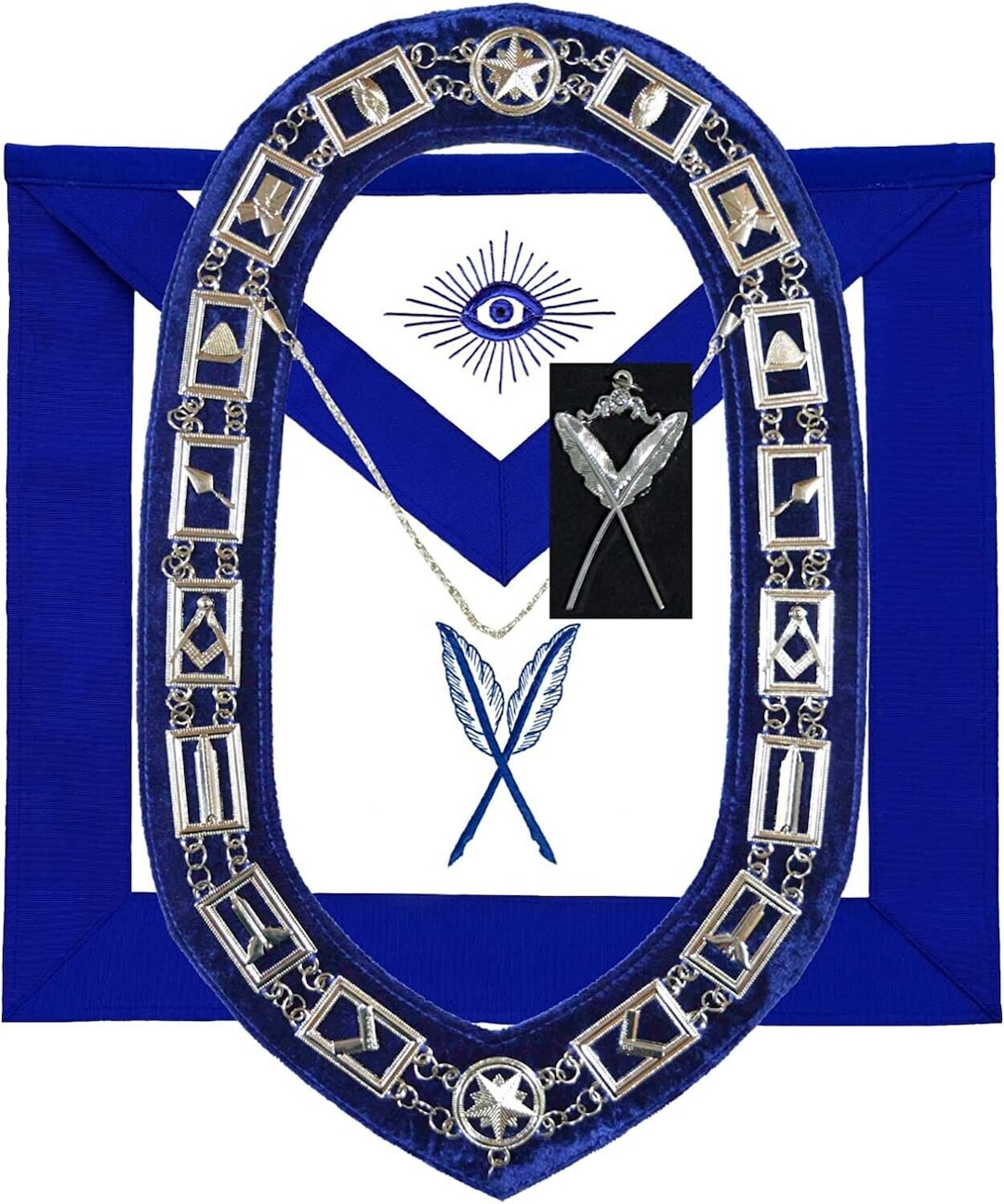 Masonic Blue Lodge Officer Secretary Master Apron, Silver Chain Collar ...