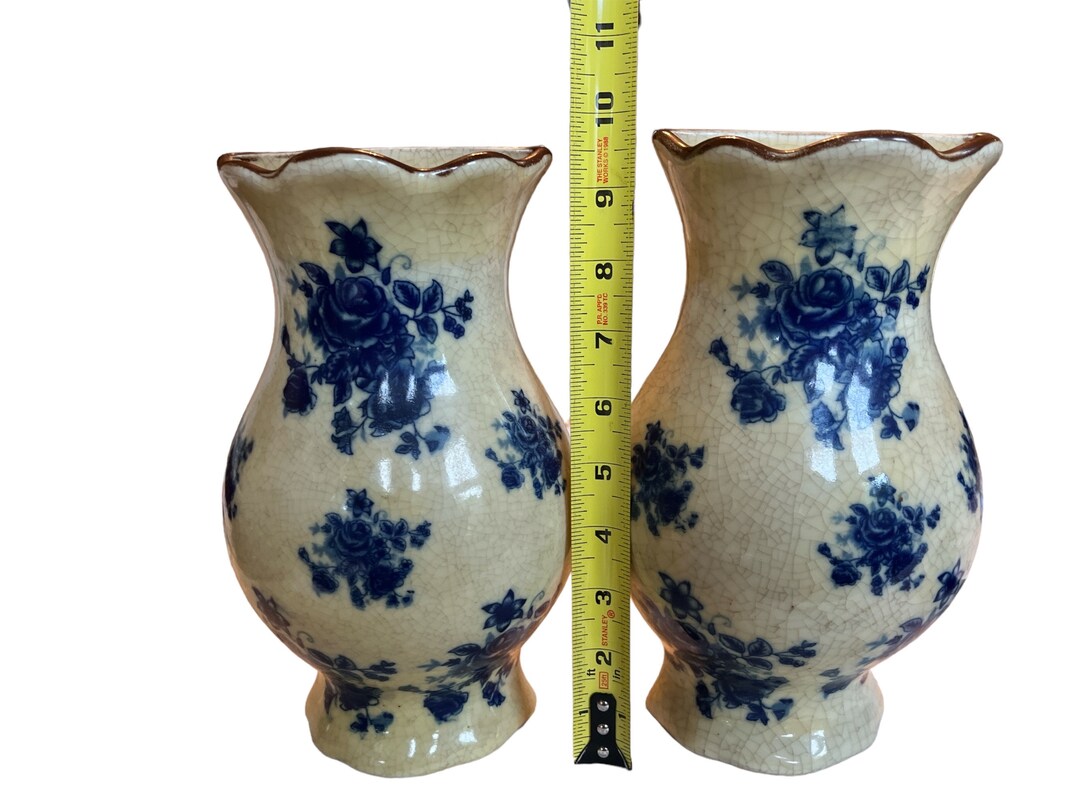 Pair Baum Bros. Wall Vases, Wall Sconces, Blue Transferware Vases, Blue ...