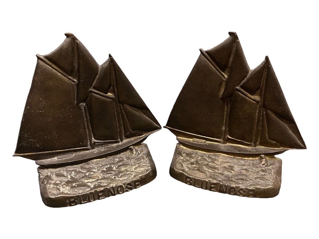 Brass Bookends, Heavy Vintage Brass Bookends, ‘bluenose’ Ship Bookends ...