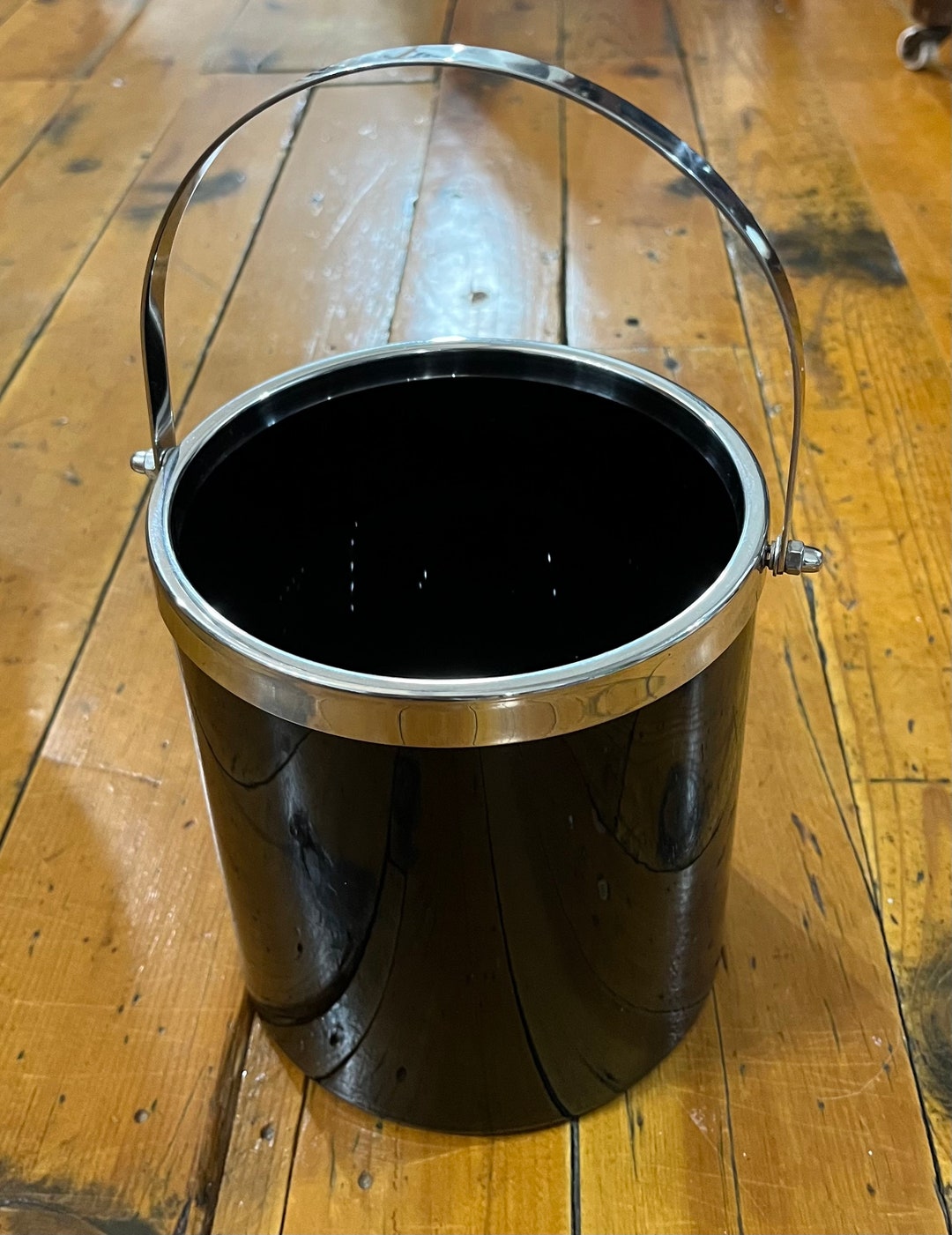 Sleek MCM Black Glass Vintage Ice Bucket With Silver Tone Handle Think ...