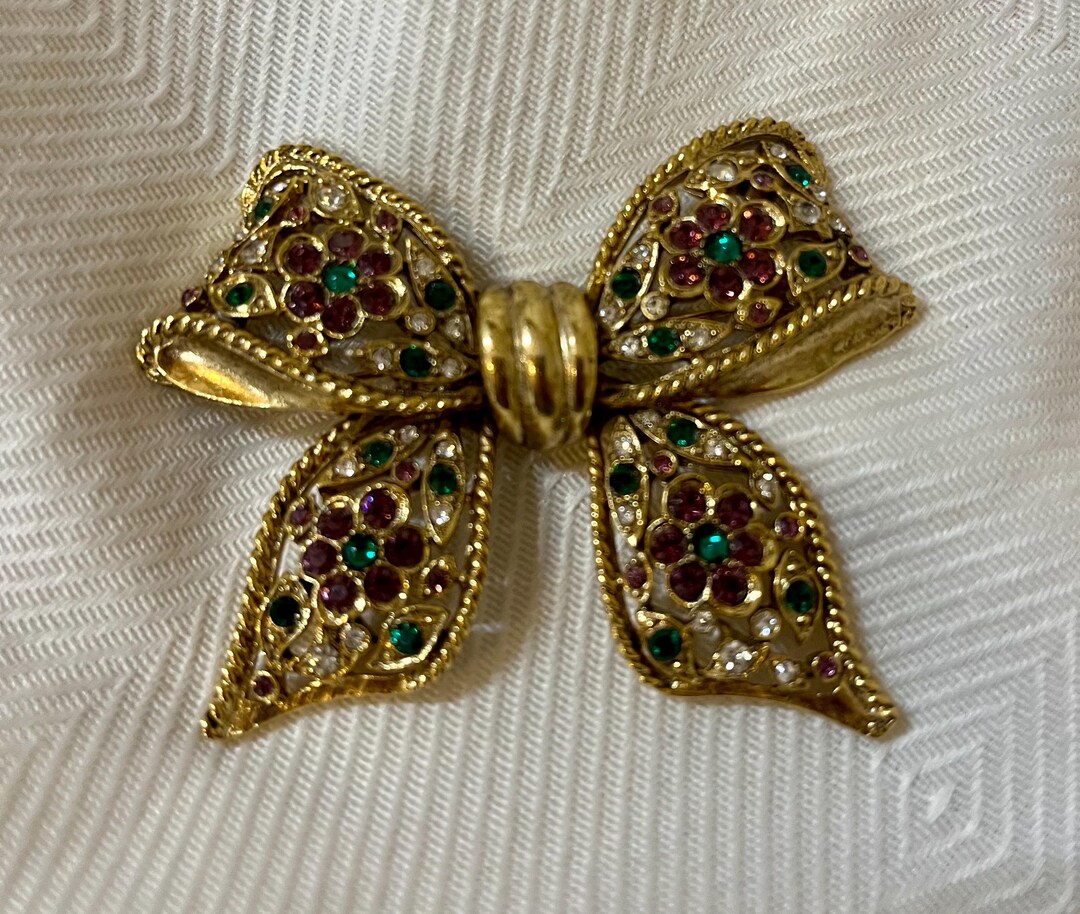 Vintage Signed CRAFT Multicolour Rhinestone Gold Bow Brooch, Vintage ...