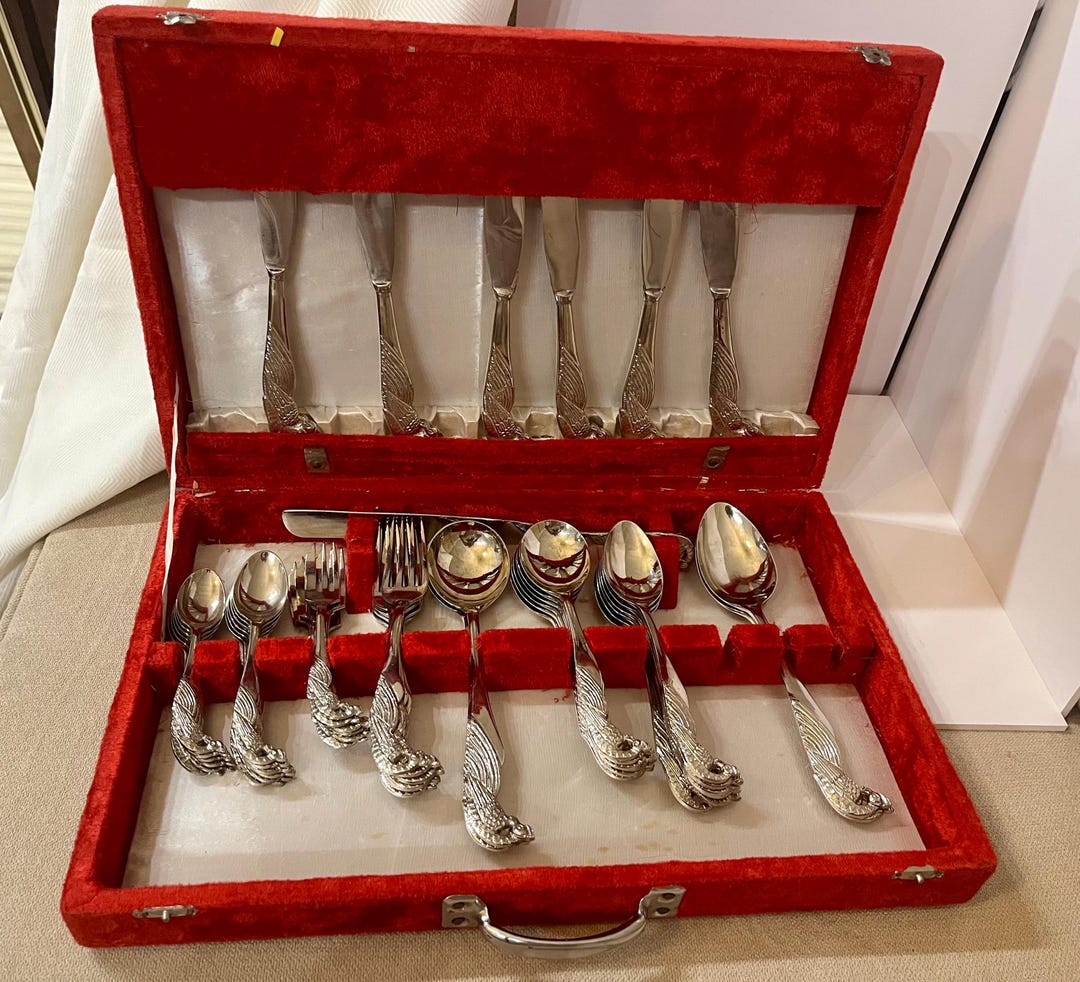 Vintage Peacock Design Silver Plate Cutlery Set – 47 Piece Flatware in ...