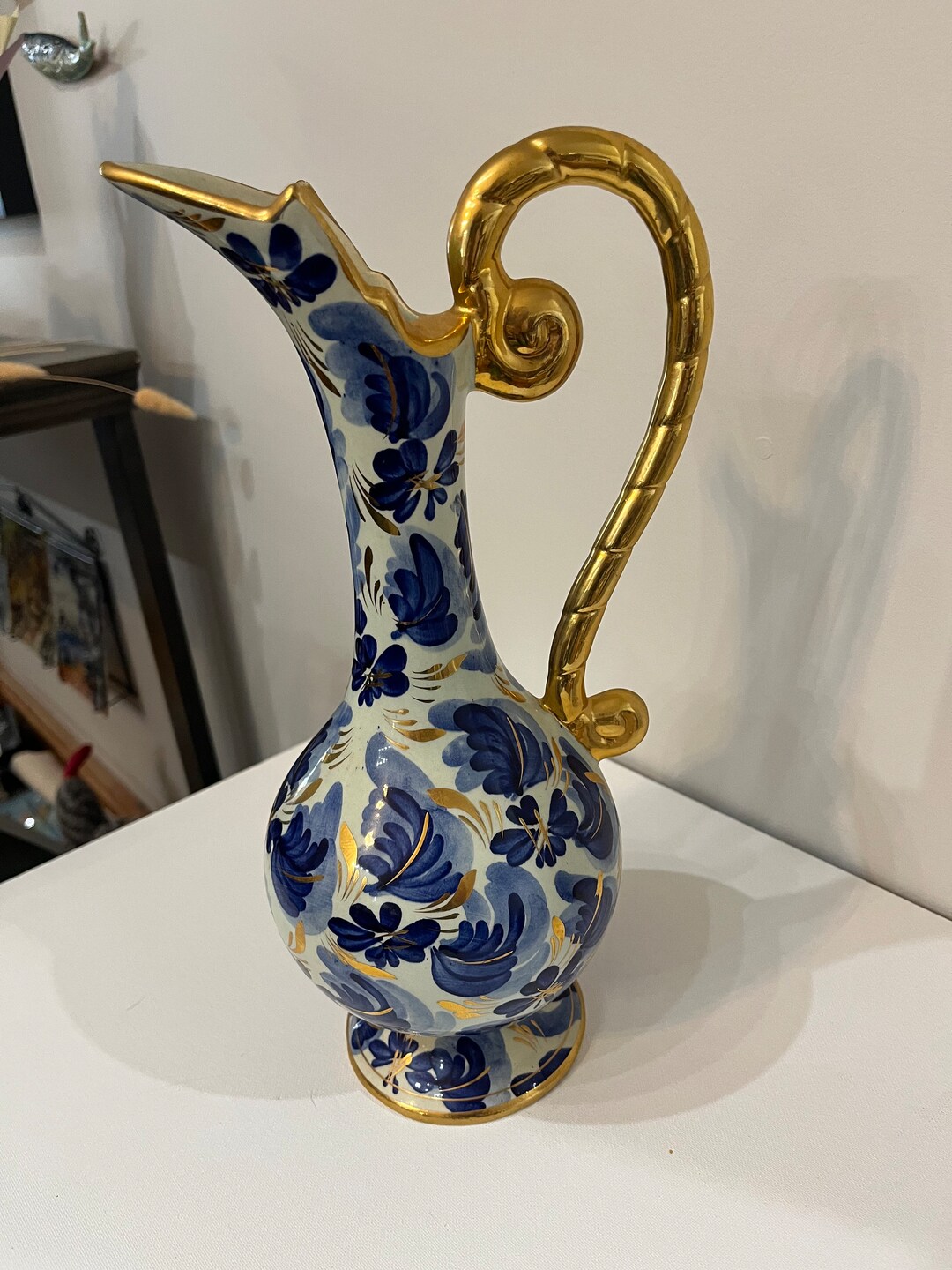 Hubert Bequet Pitcher Vase – Hand Painted Belgian Pottery – Blue & Gold ...