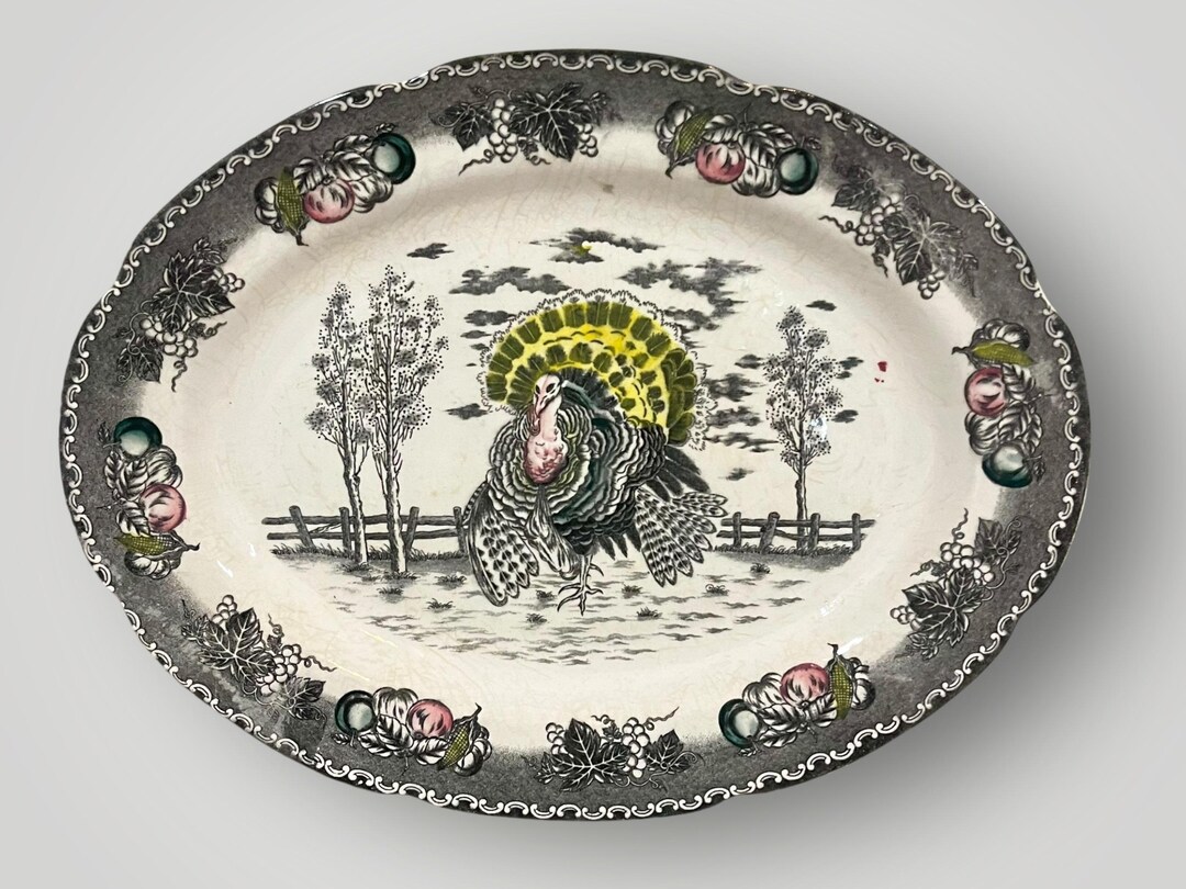 Large Vintage Turkey Platter, Transferware Platter, Hand Decorated ...
