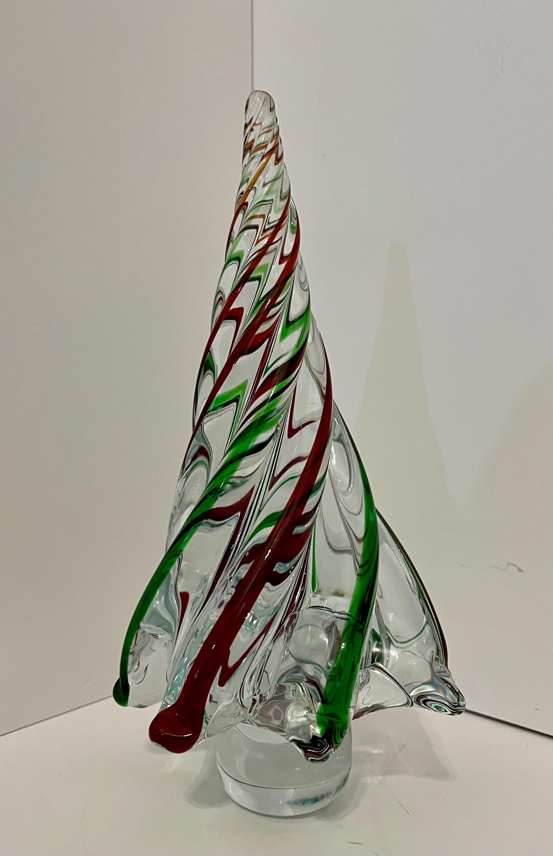 Heavy Art Glass Christmas Tree, Swirled Clear Glass With Red and Green ...