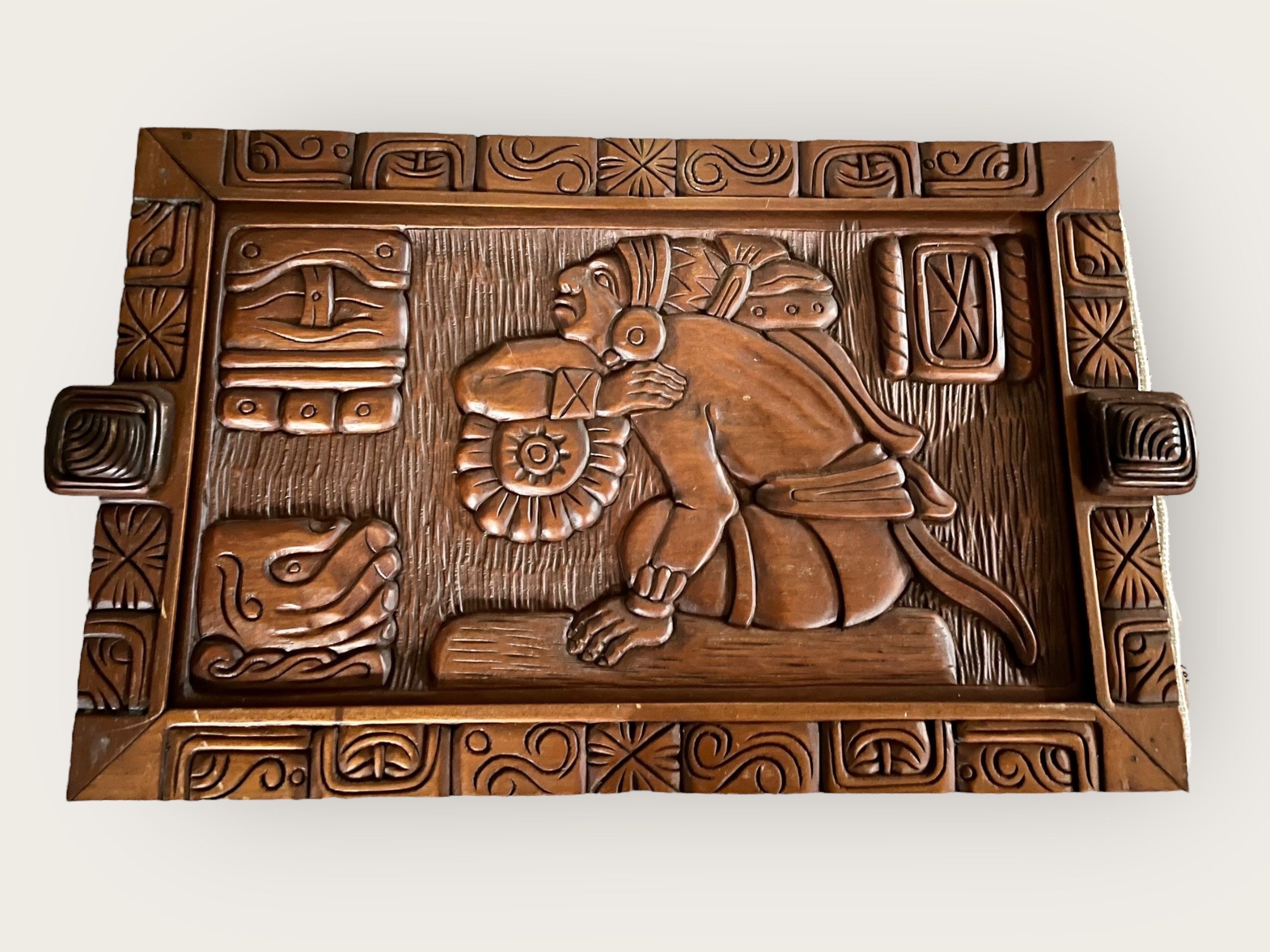 Large Hand Carved Mayan Wood Wall Art Tray – 30” Vintage Mahogany Panel ...