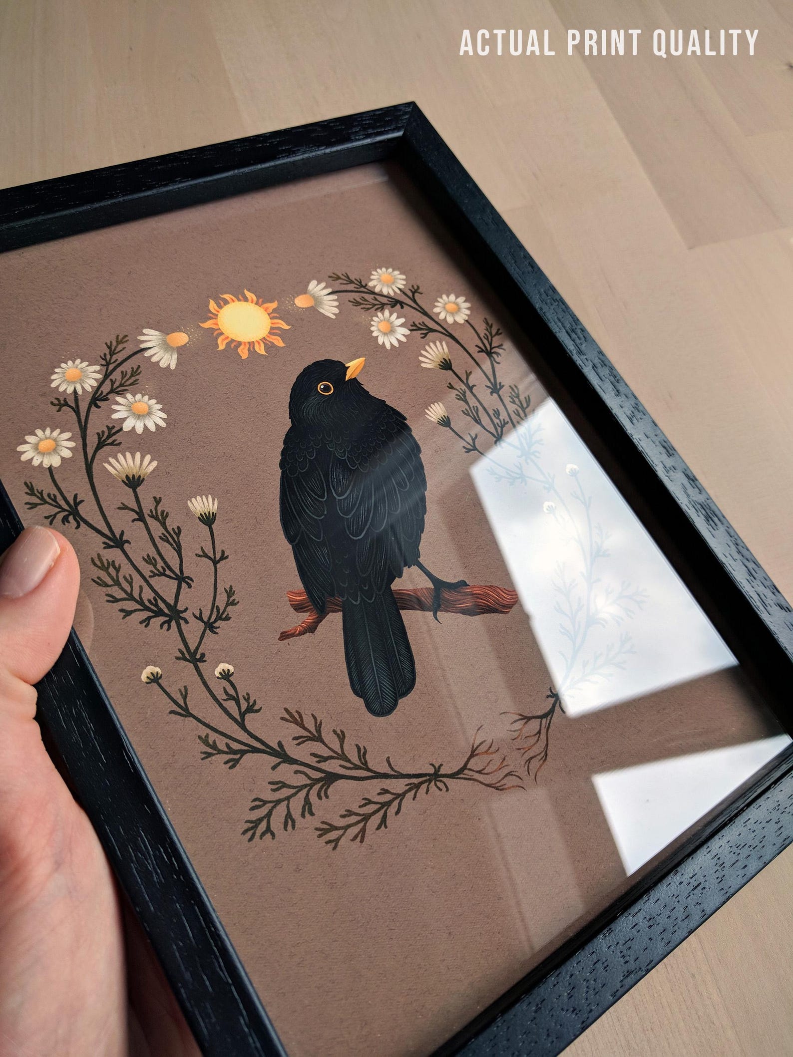 Wild Flowers & Black Bird Art Print, Spring Equinox Song Bird Wall ...