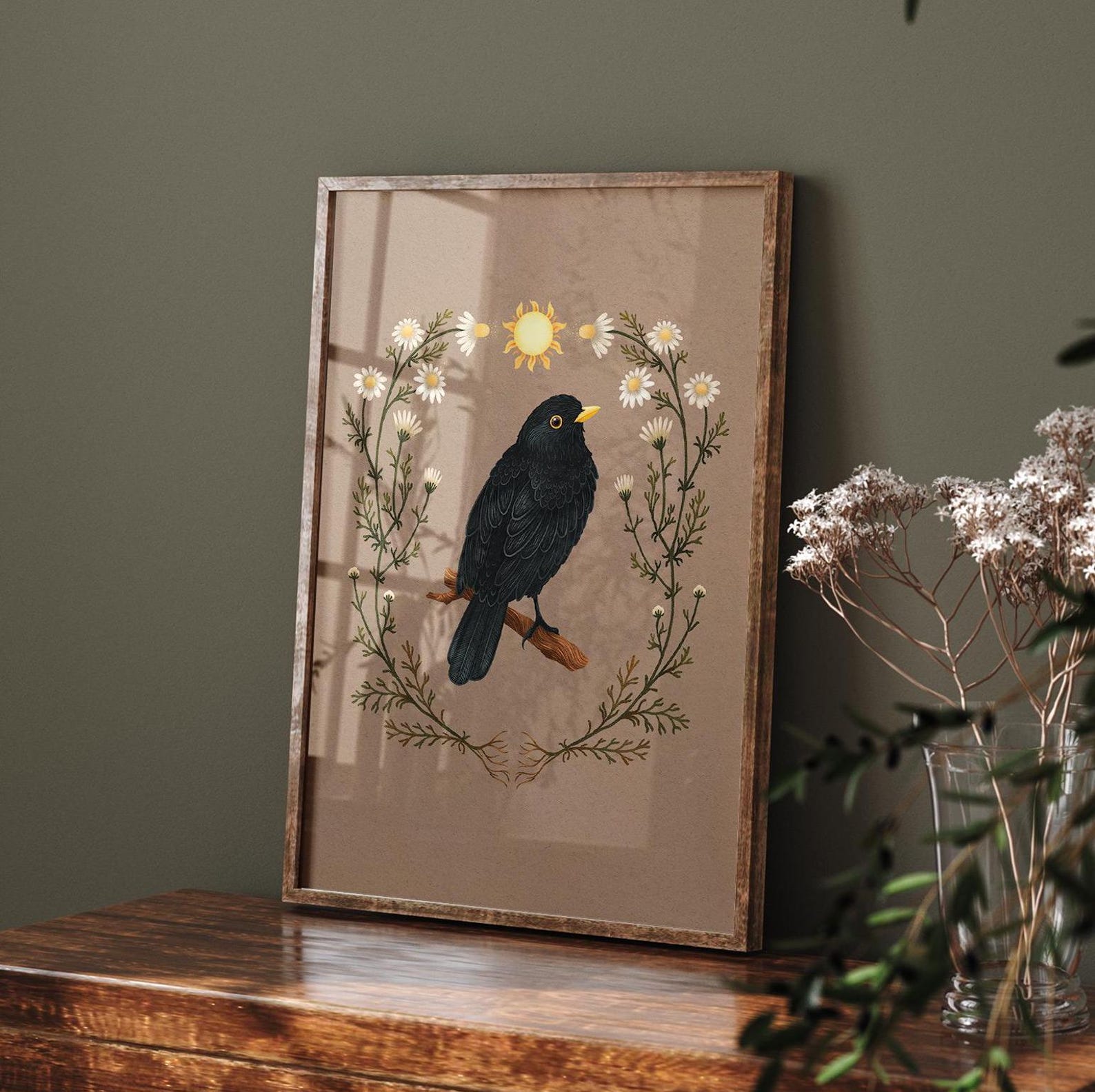 Wild Flowers & Black Bird Art Print, Spring Equinox Song Bird Wall ...