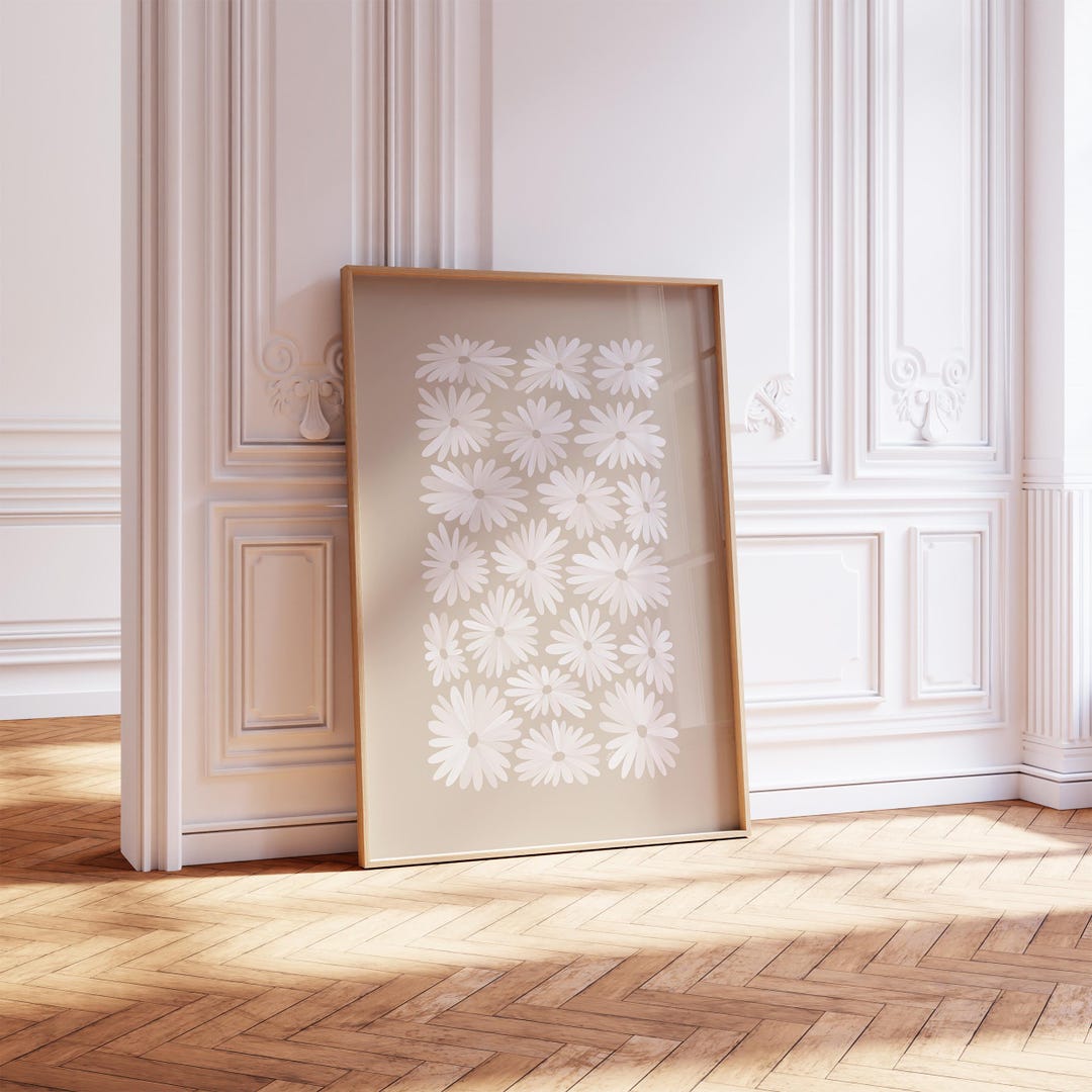 White Daisy Digital Download, Minimalist Beige Floral Wall Art, Muted ...