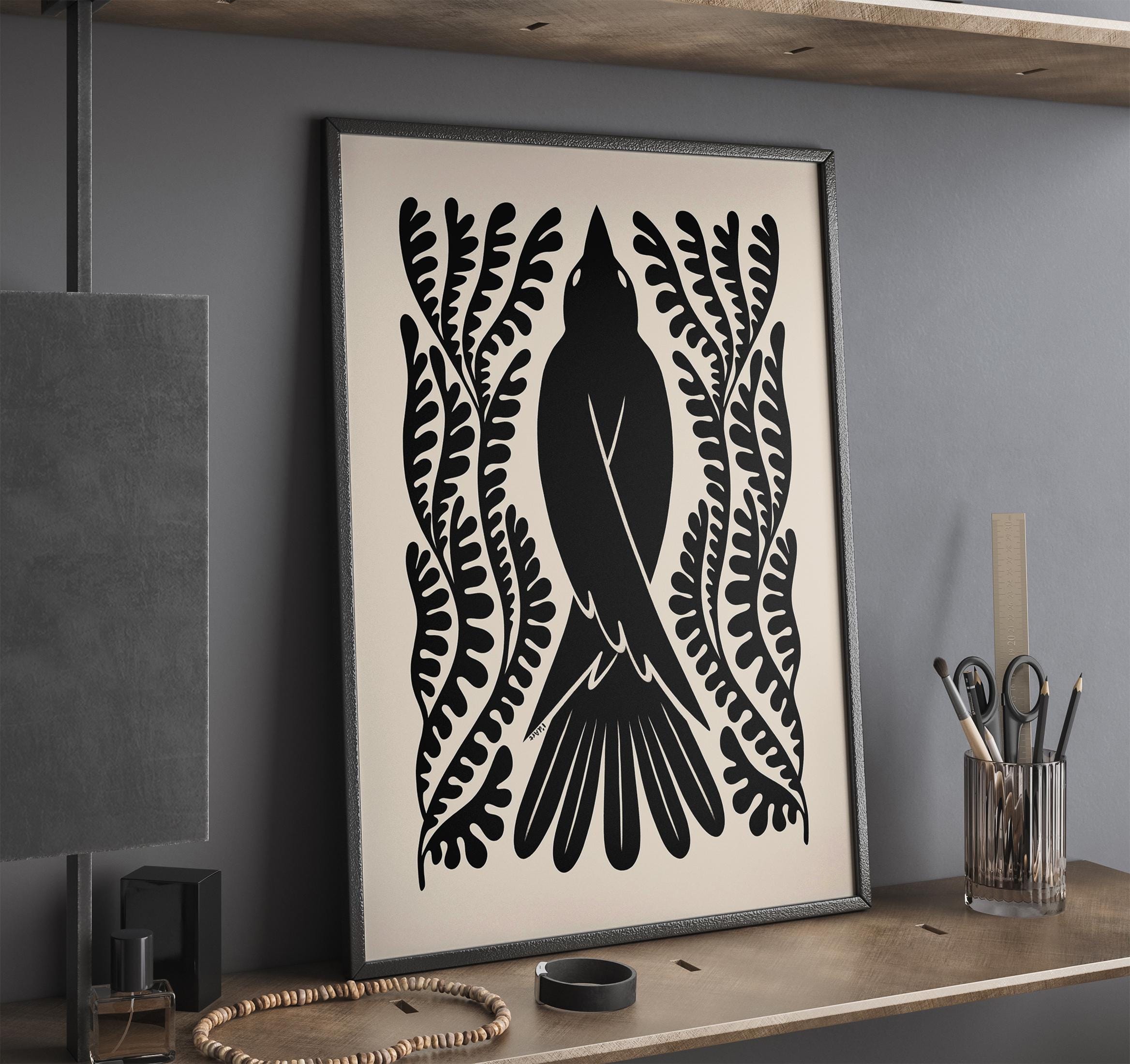 Minimalist Black Raven Folk Art Print, Witchy Crow Bird Poster, Dark ...