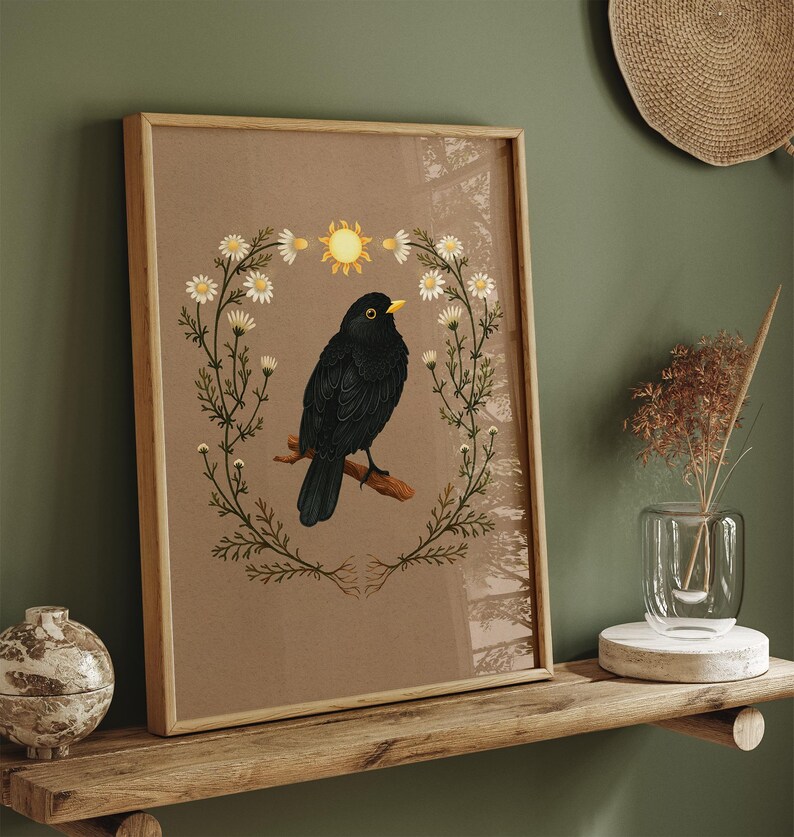 Wild Flowers & Black Bird Art Print, Spring Equinox Song Bird Wall ...